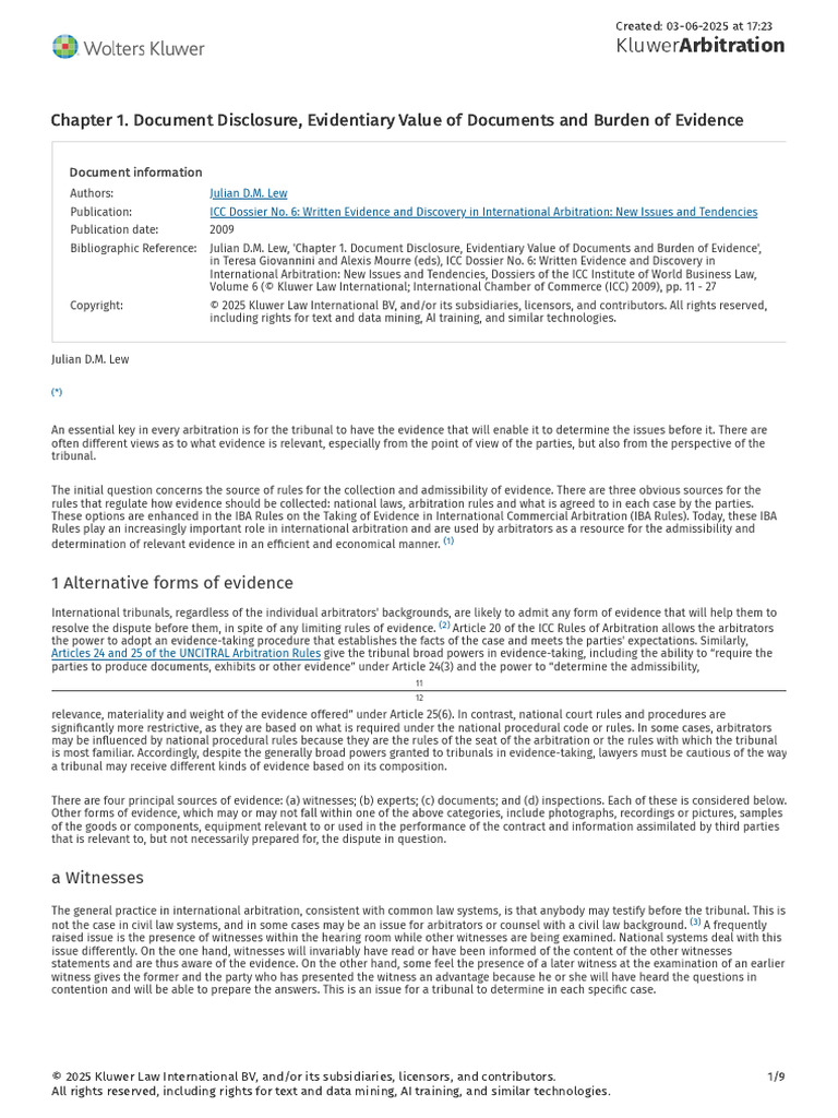 Chapter 1. Document Disclosure, Evidentiary Value of Documents and ...
