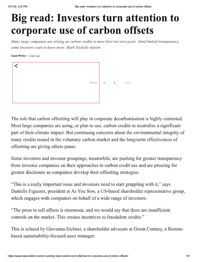 Big Read - Investors Turn Attention To Corporate Use of Carbon Offsets | PDF