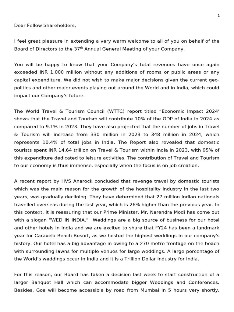 Chairman Speech - AGM+Annual Report | PDF | Dividend | Tourism