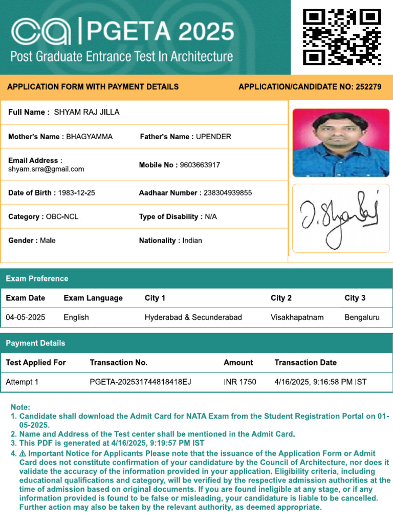 Admit Card Pgeta-2025 | PDF