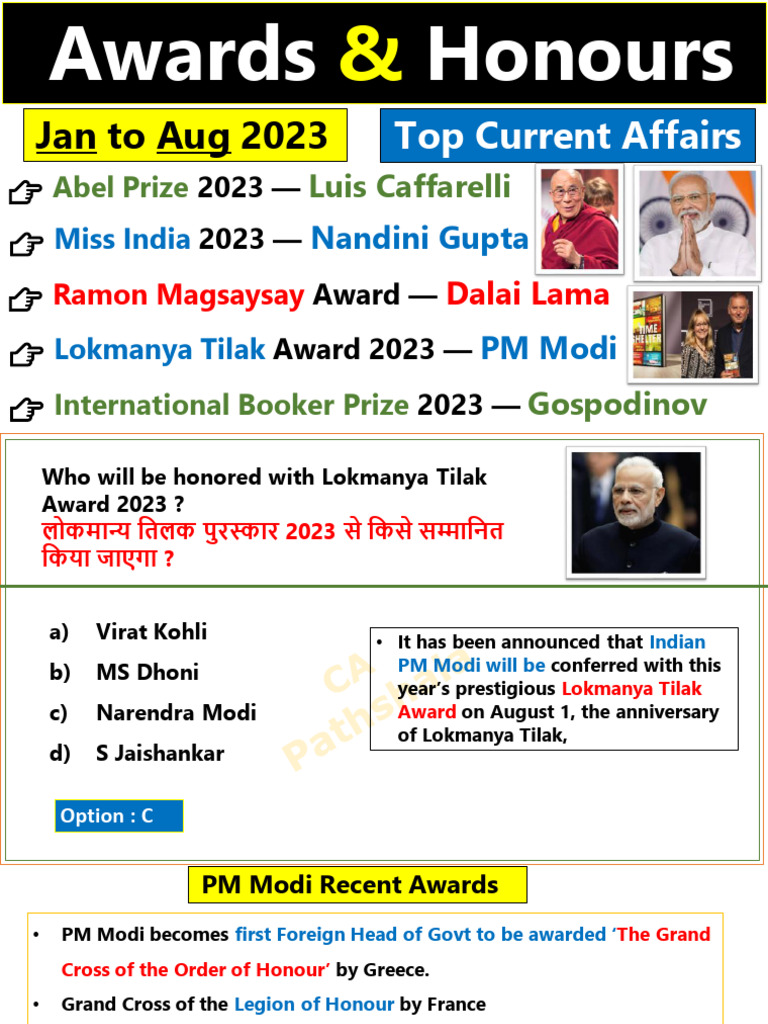 Awards & Honours 2023 (Top MCQ) | PDF