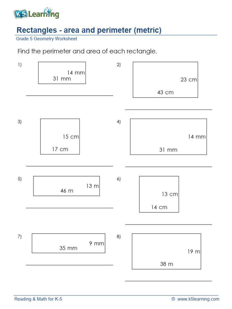 Grade 5 Geometry Rectangles Area Perimeter Metric A | PDF