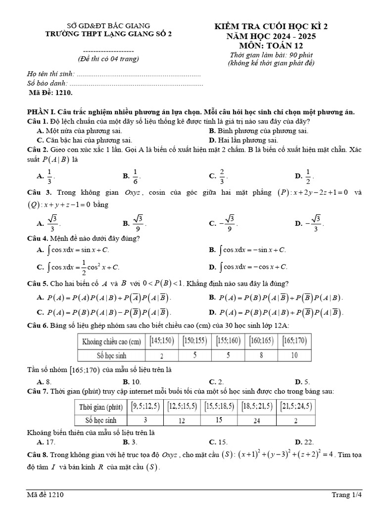 De Cuoi Ki 2 Toan 12 Nam 2024 2025 Truong THPT Lang Giang 2 Bac Giang | PDF
