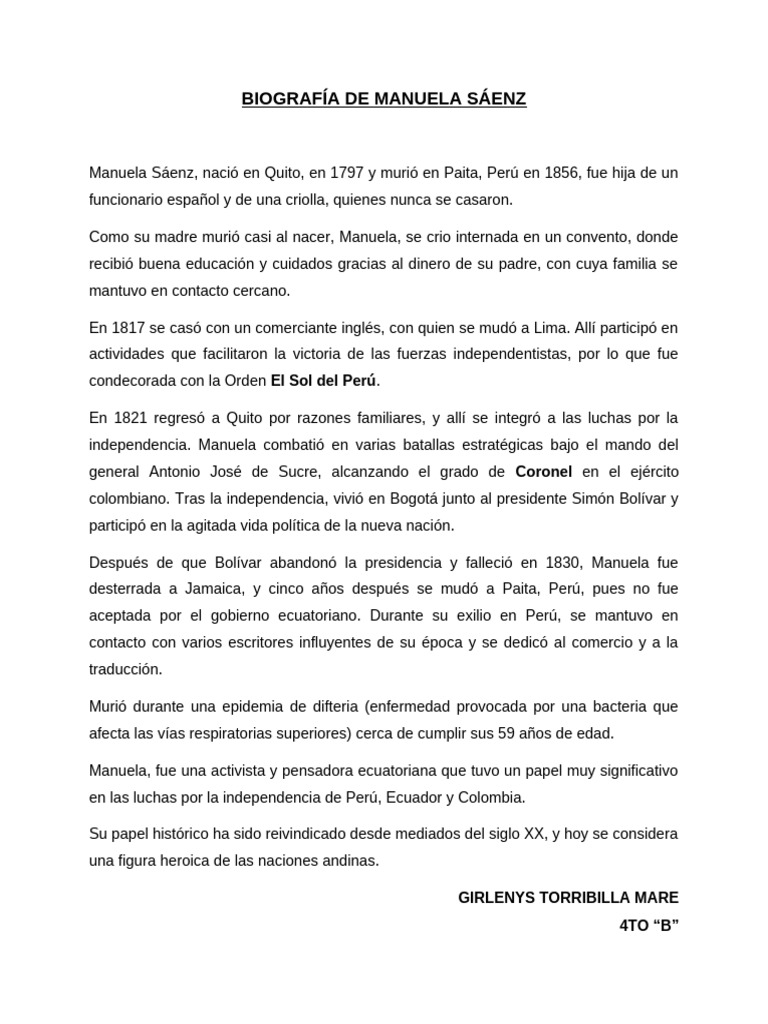 Biografía de Manuela Sáenz | PDF | América del Sur