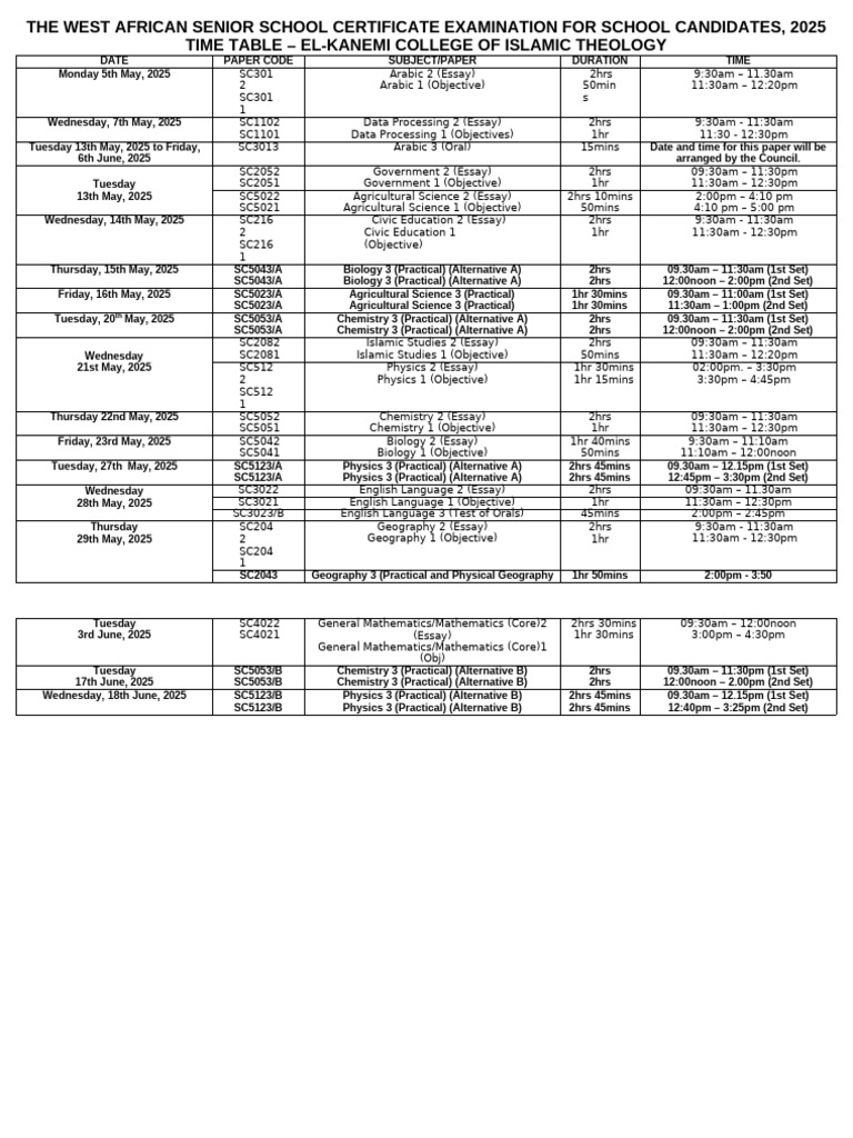Waec Time Table 2025 | PDF