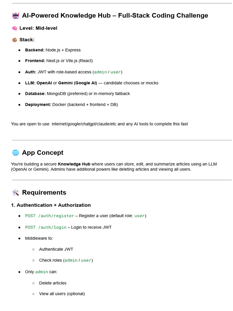 ? AI-Powered Knowledge Hub - Full-Stack Coding Challenge | PDF | Computing | Software