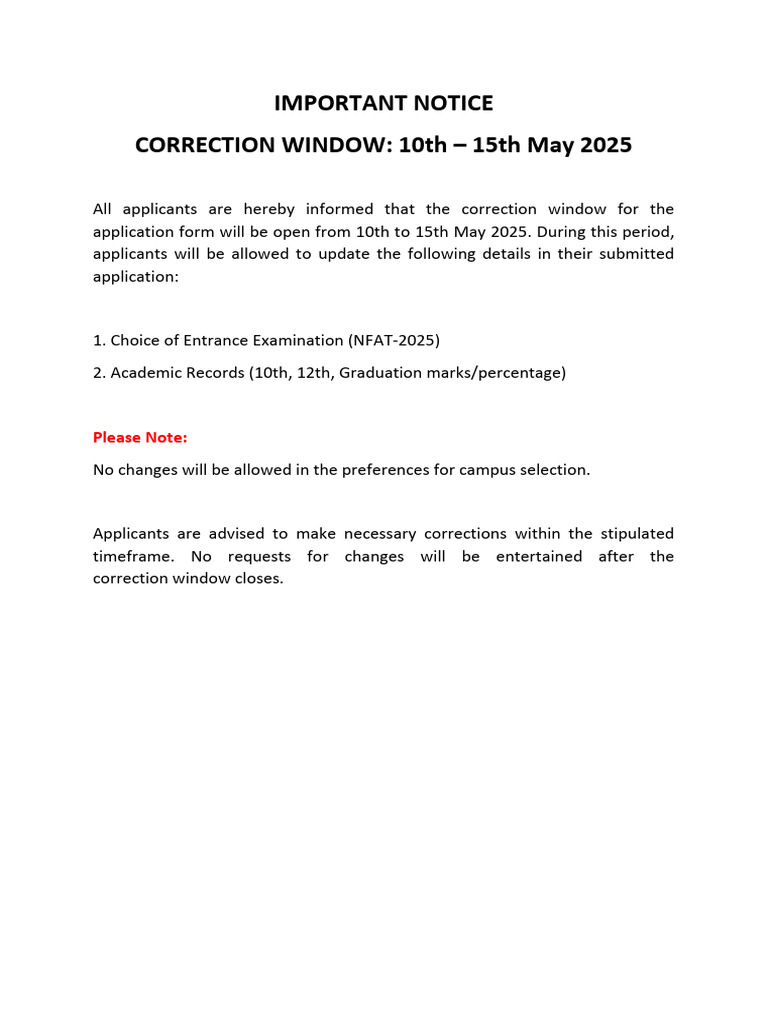 Important Notice - Correction Window | PDF