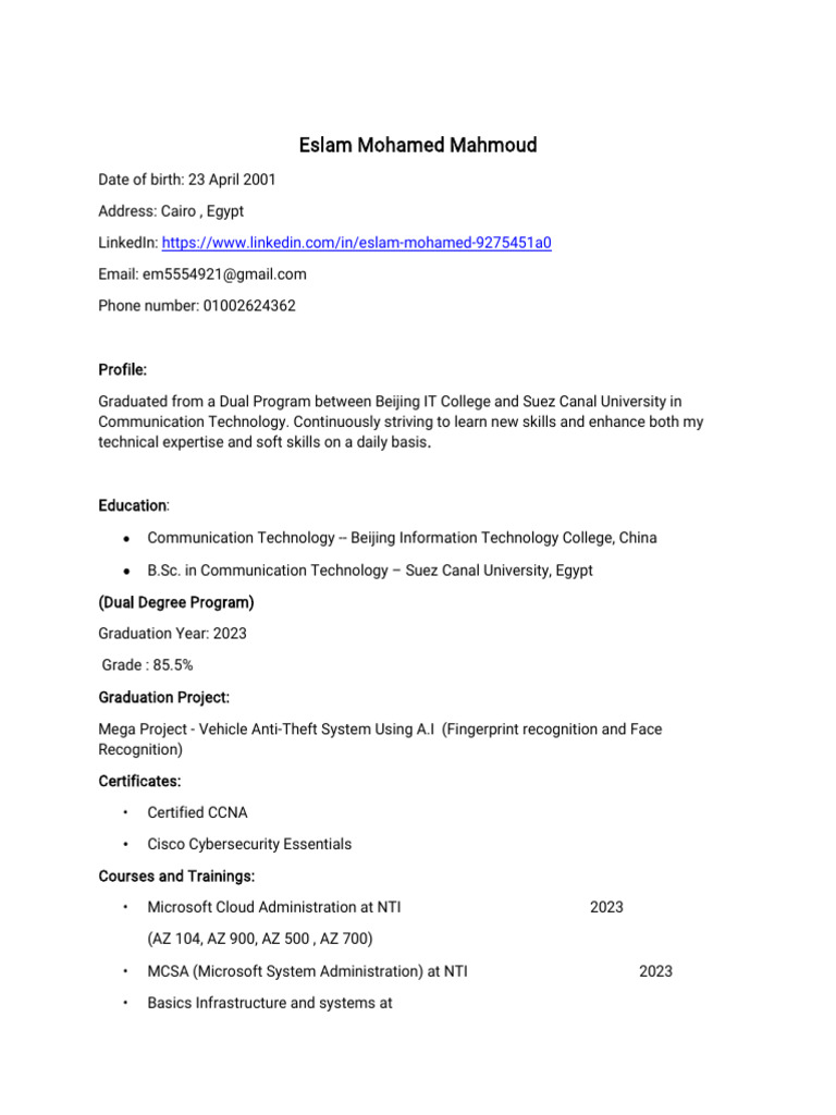 CV Eslam Mohamed Mahmoud | PDF | Software | Computing