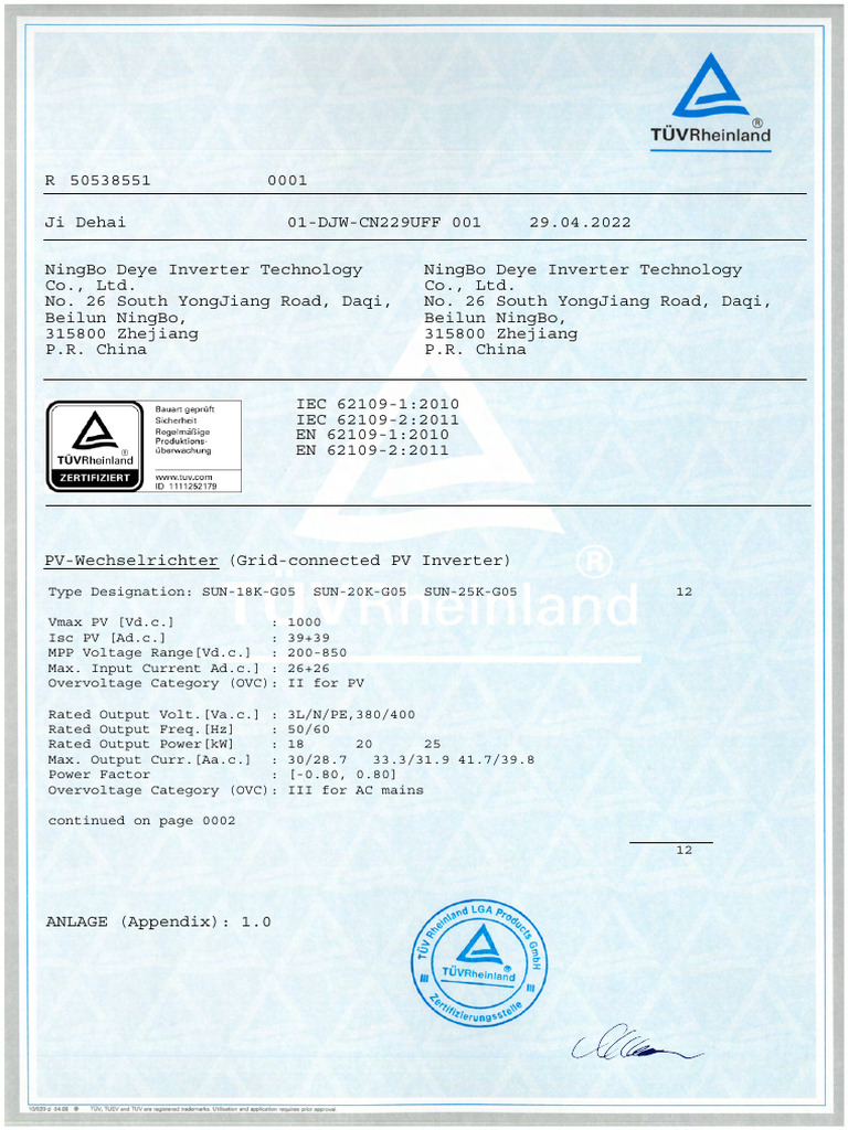 Certificado Inversor Deye 2 | PDF | Electrical Engineering | Electricity