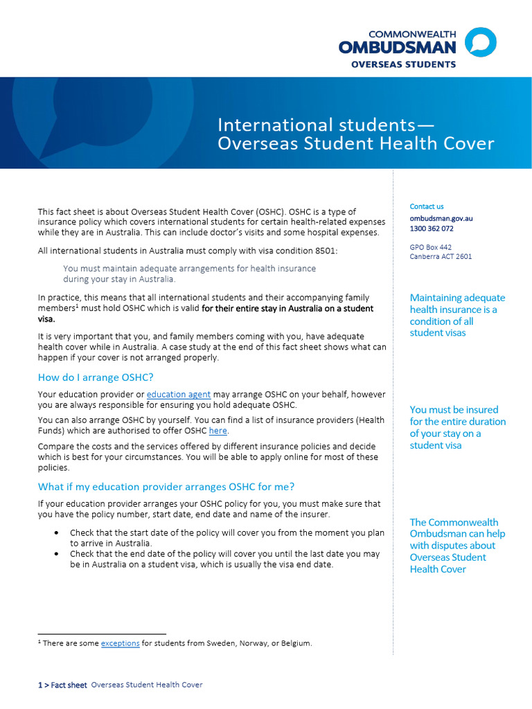 Factsheet Student OSHC | PDF | Insurance | Travel Visa