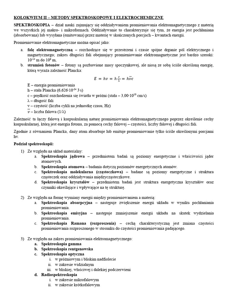 Kolokwium Met. Spektr. I Elektr | PDF