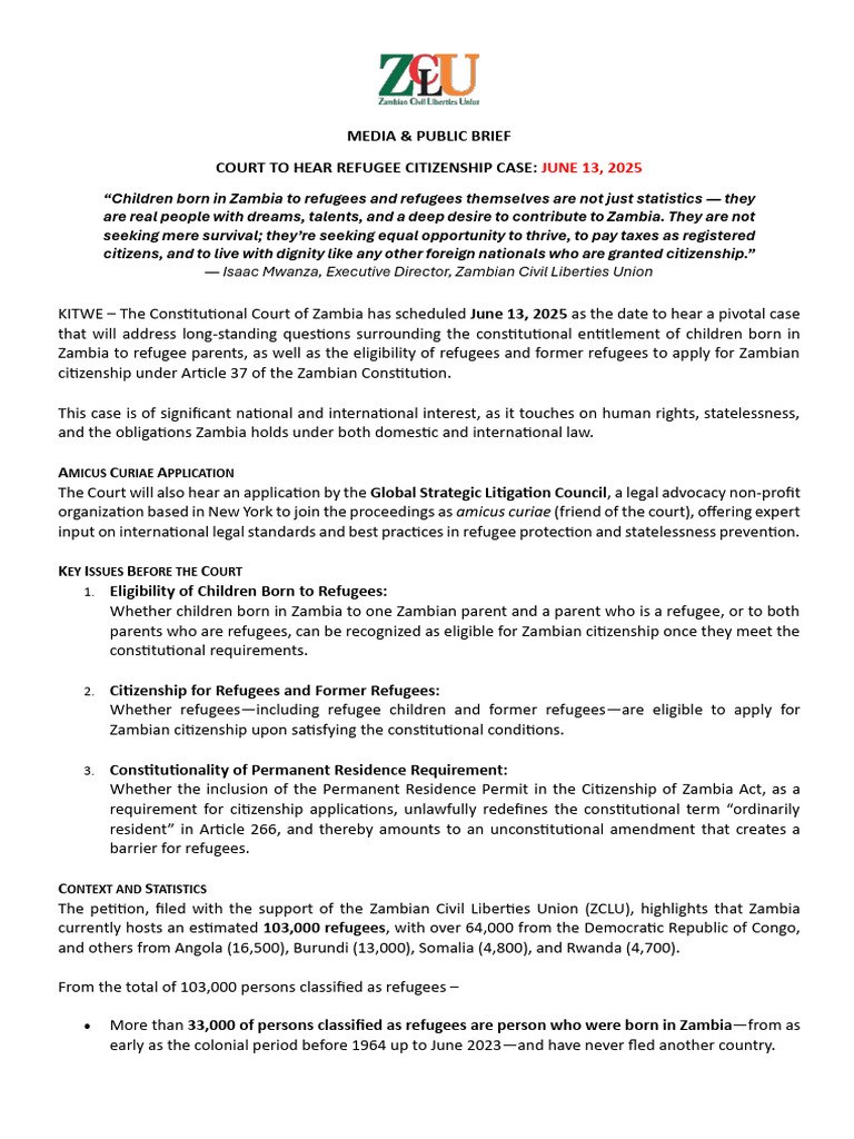 Brief On Refugees Case in Zambia | PDF | Refugee | Zambia