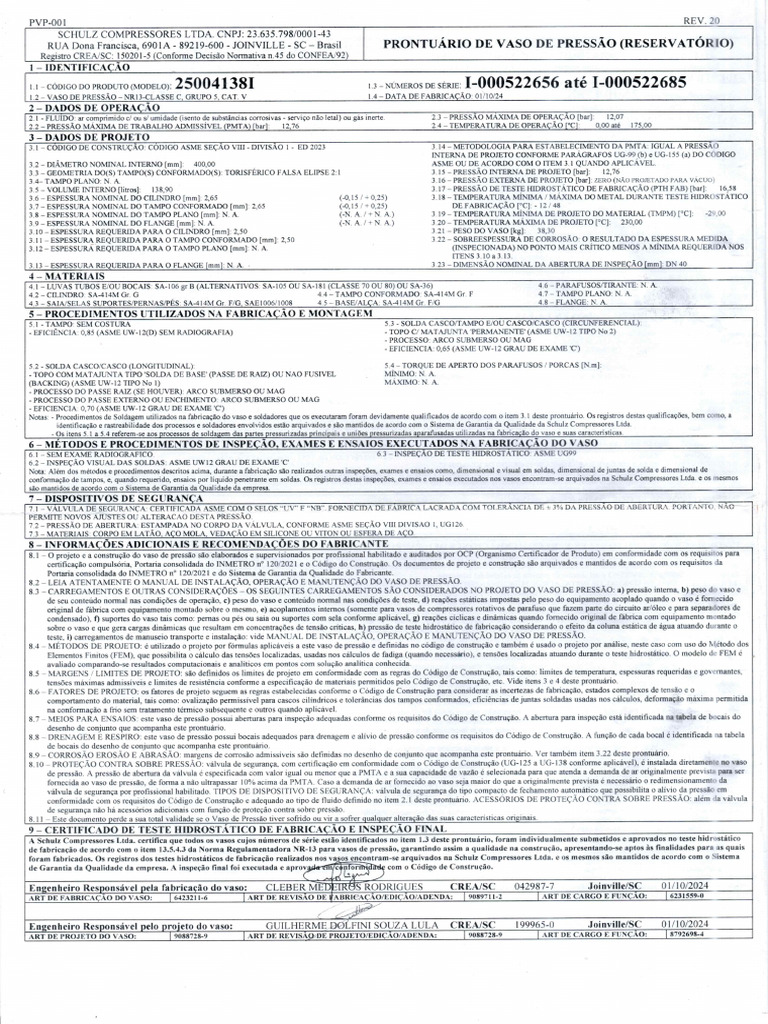 Res. de Ar Comprimido - Schulz - MSCV 20 | PDF