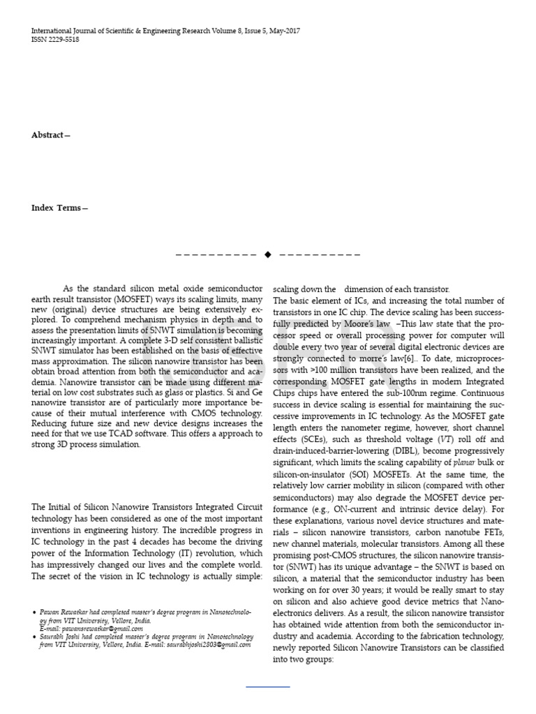 Design and Simulation of Silicon Nanowire Transistor Using TCAD | PDF | Mosfet | Transistor