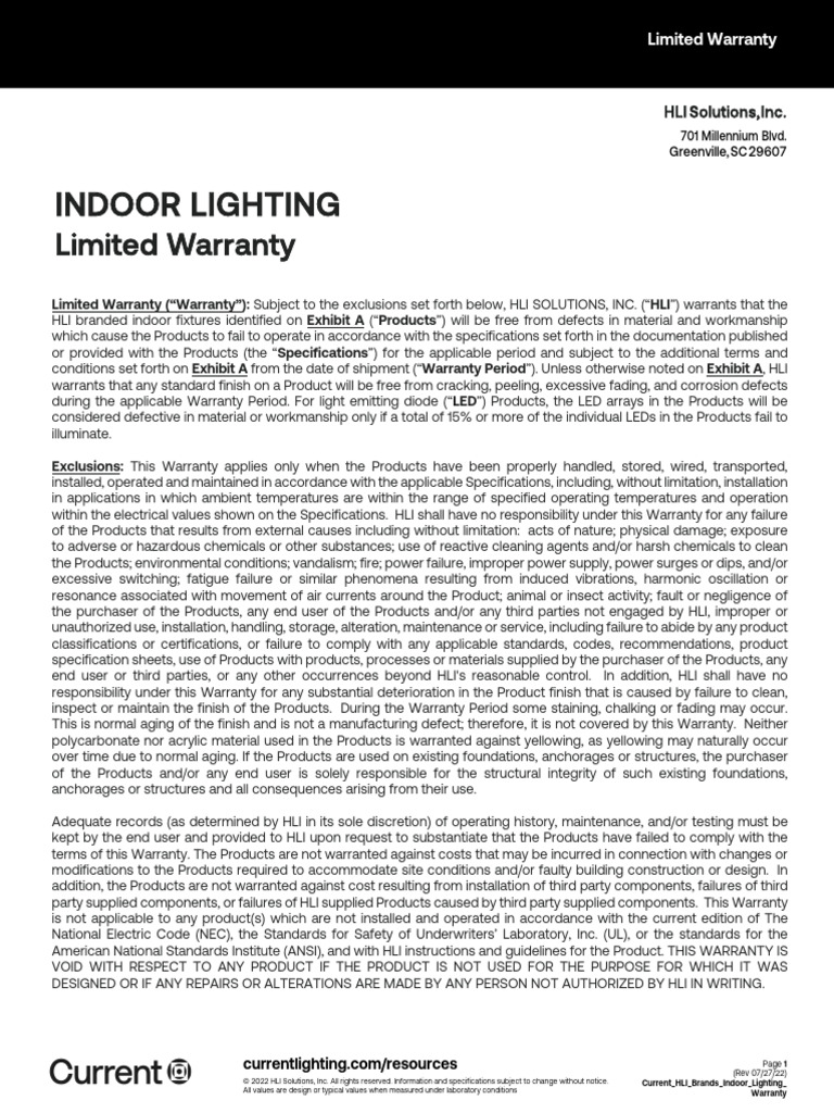 Current HLI Brands Indoor Lighting Warranty | PDF | Legal Liability | Breach Of Contract