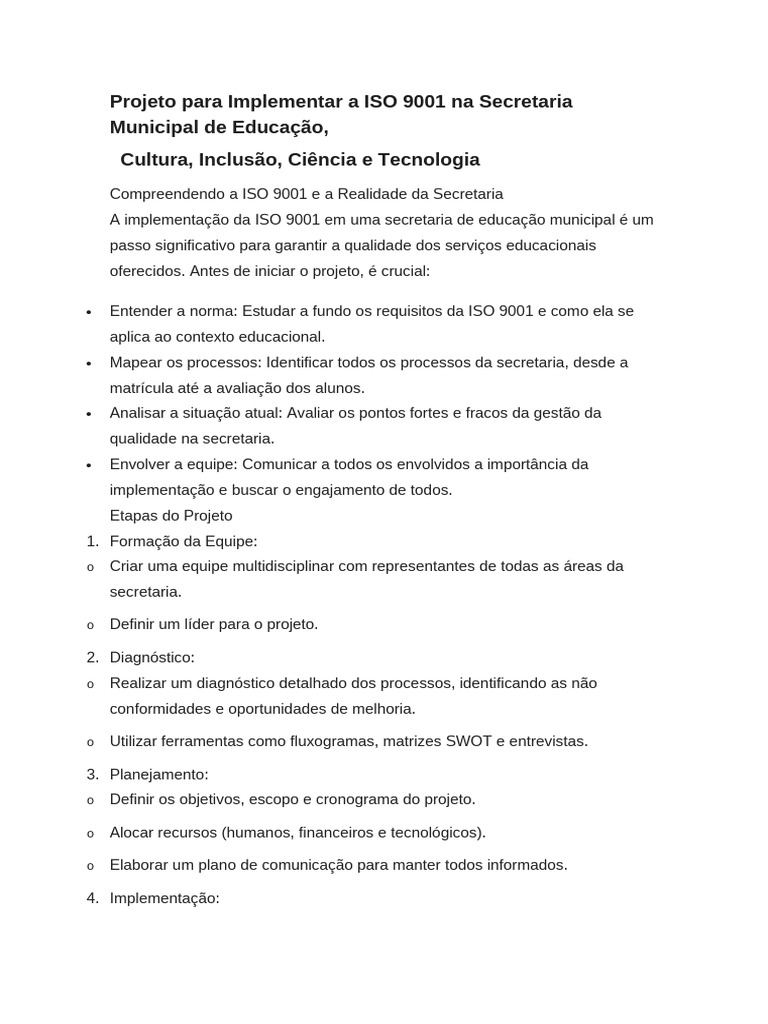 Projeto para Implementar A ISO 9001 Na Secretaria Municipal de Educação ...