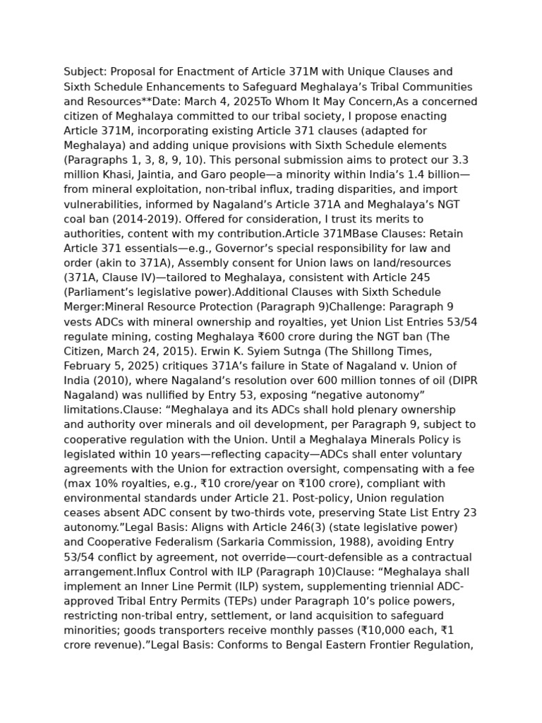 Proposal For Enactment of Article 371M With Unique Clauses and Sixth ...