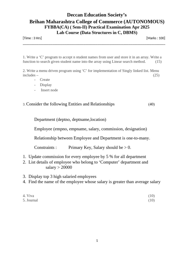 Practical Slips DS, DBMS-May2025 | PDF | Relational Database | Databases