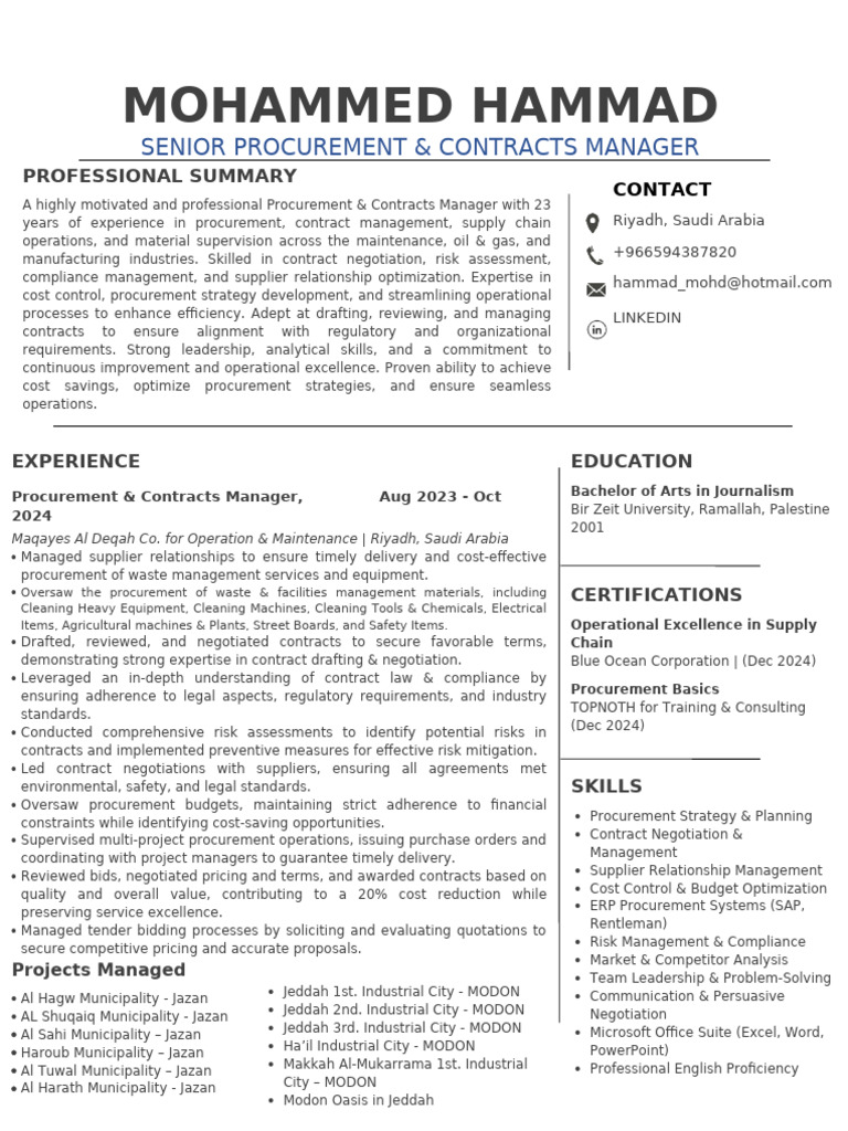 Senior Procurement Manager Profile | PDF | Procurement | Supply Chain