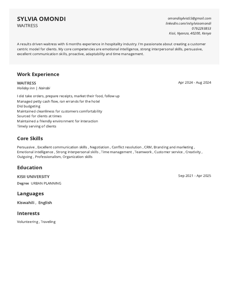 Sylvia Omondi - Waitress Resume | PDF