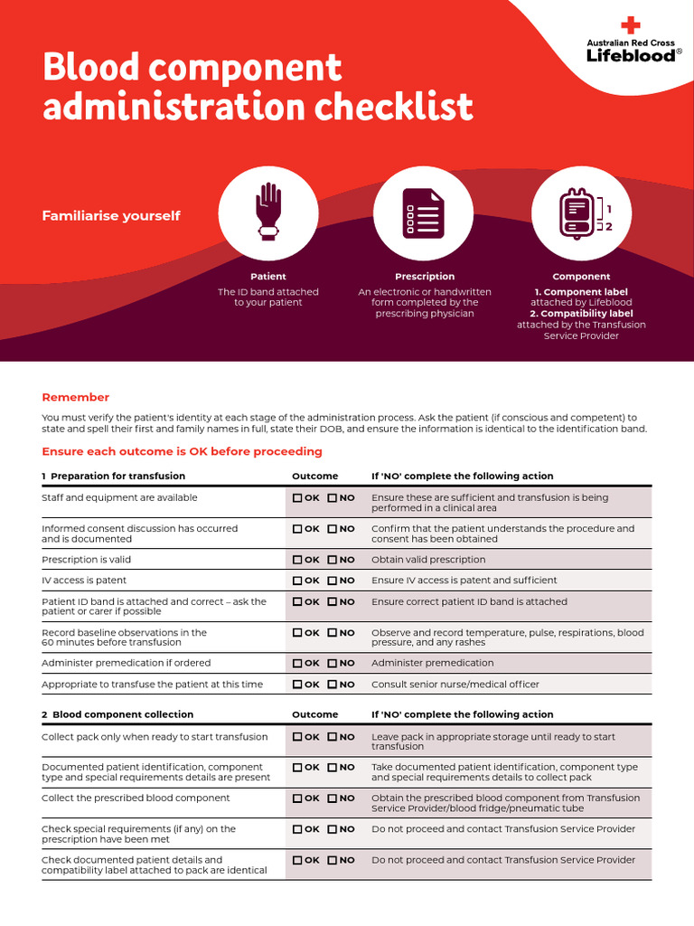 03 Blood Component Administration Checklist v7.0 SCREEN | PDF | Blood ...