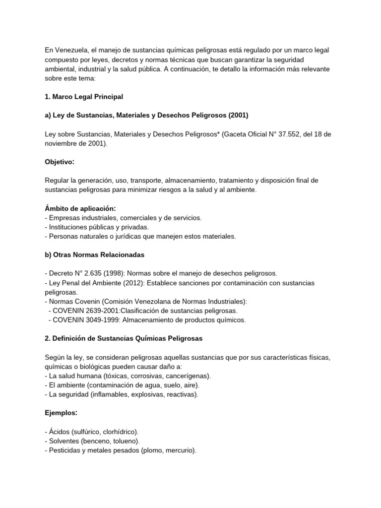 Marco Legal Principal A) Ley de Sustancias, Materiales y Desechos Peligrosos (2001) | PDF ...