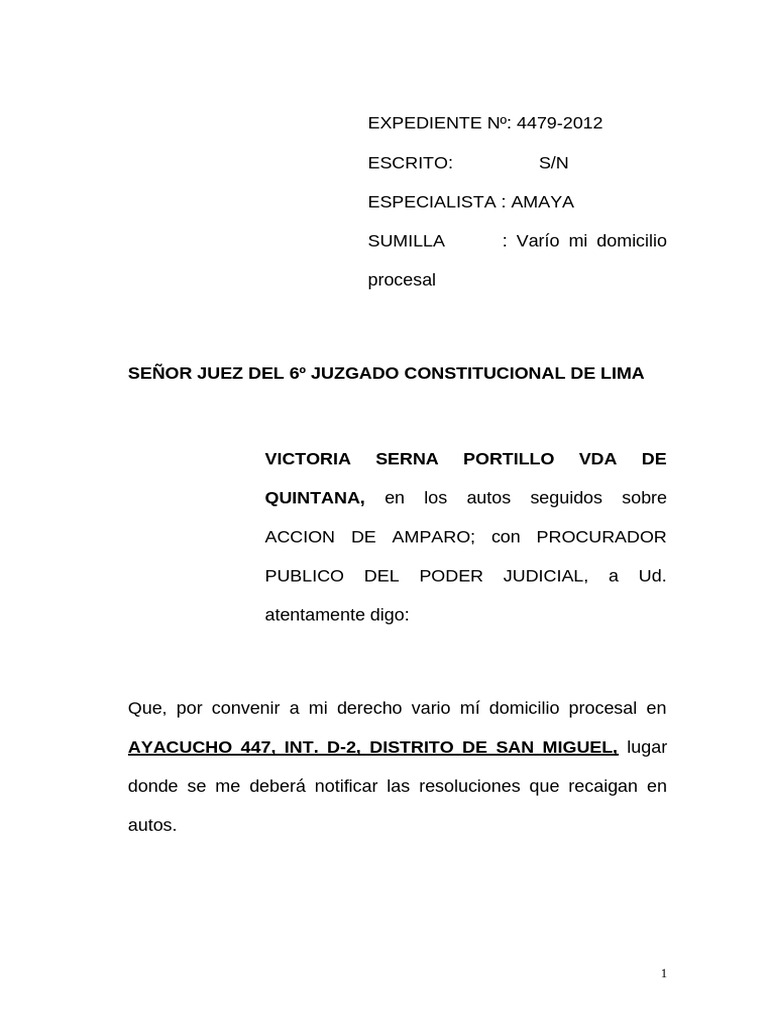 Vario Domicilio Procesal-Victoria Serna Portillo Vda de Quintana | PDF