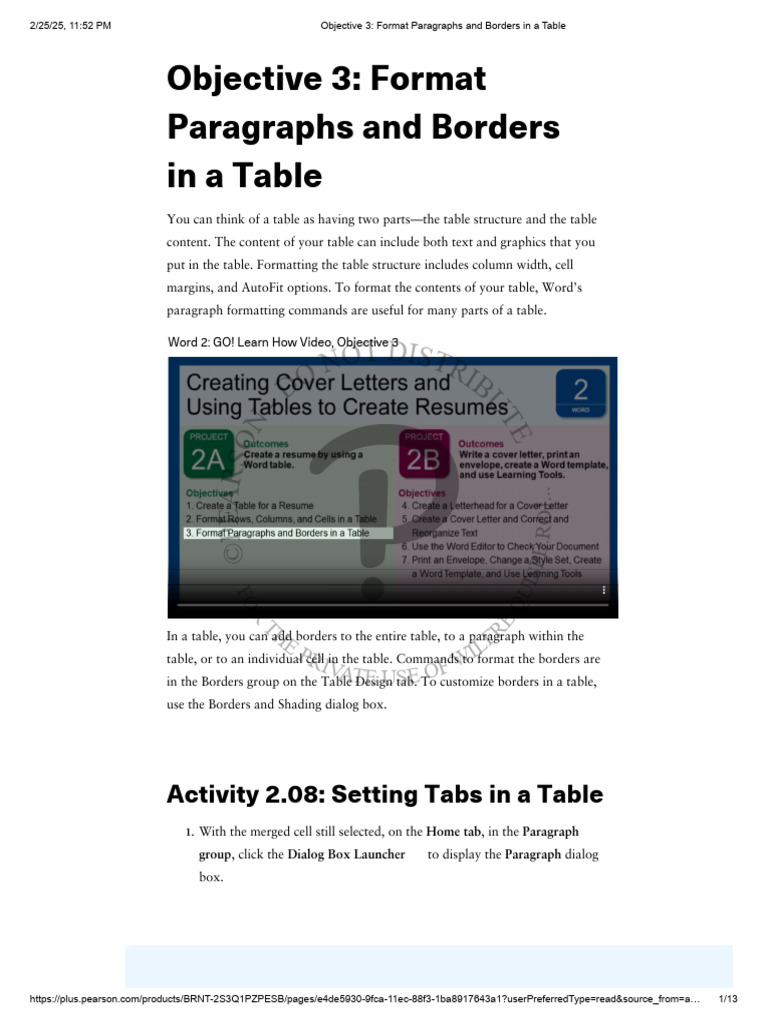 Objective 3 - Format Paragraphs and Borders in A Table | PDF | Tag ...