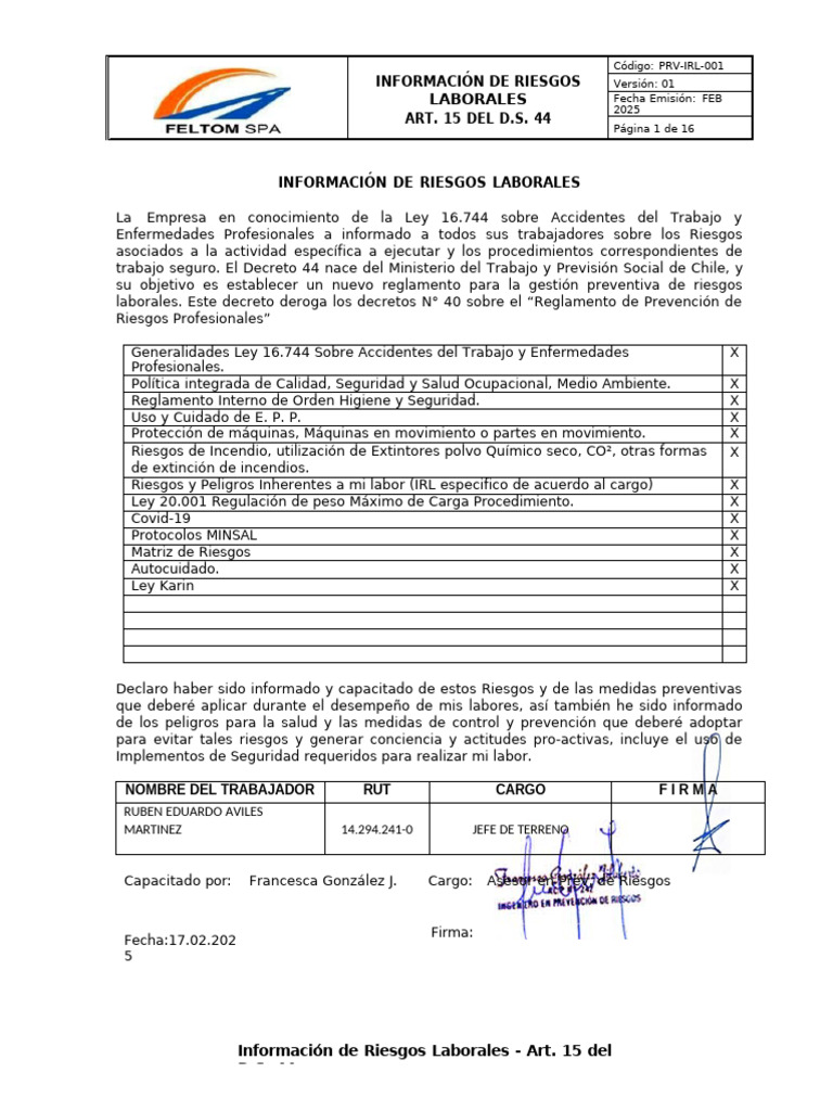 IRL General 2025 - JEFE TERRENO | PDF | Lavado de manos