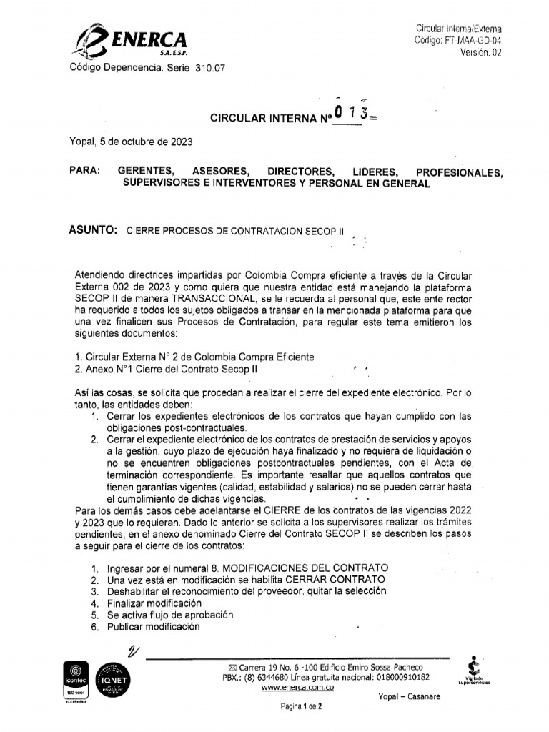 Circular #013 de 2023 Cierre Procesos de Contratacion Secop Ii | PDF