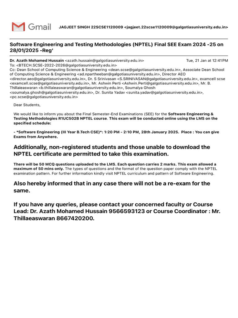 Software Engineering and Testing Methodologies (NPTEL) Final SEE Exam ...