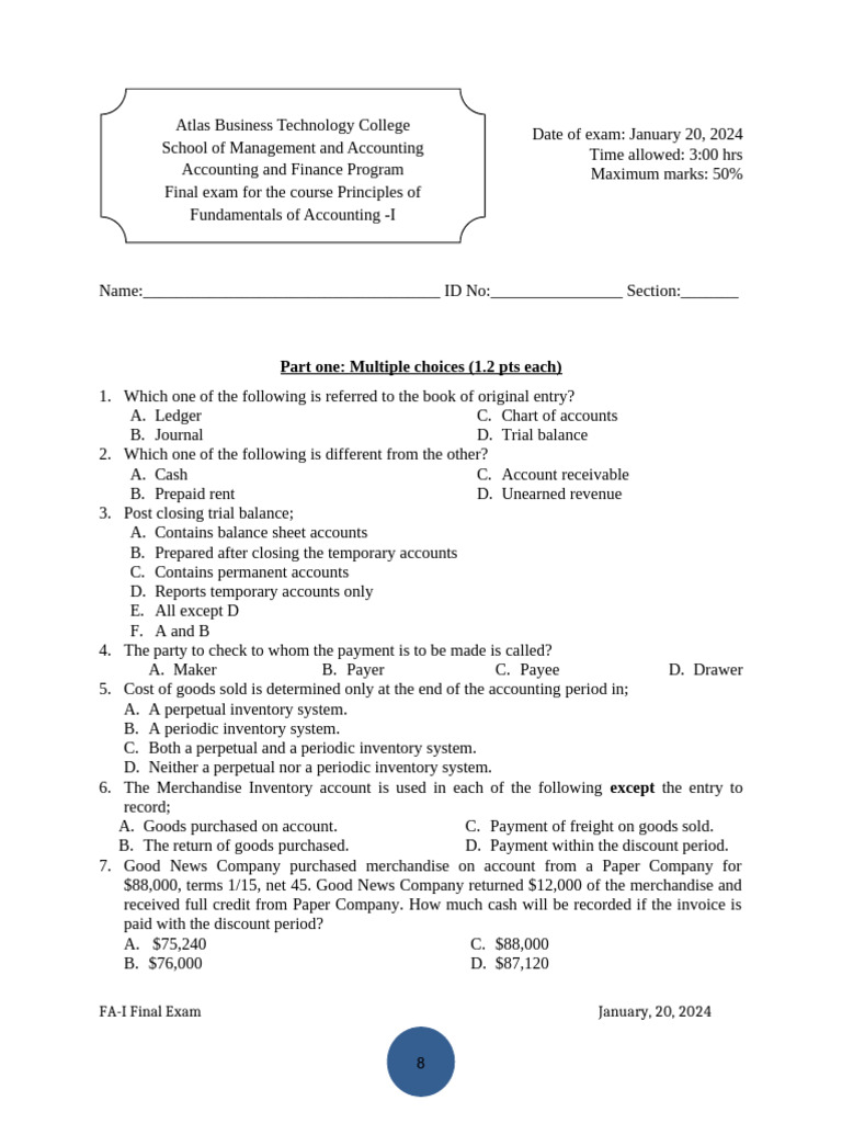 Fundmentals - I Final Exam Mujib Second Semister | PDF | Debits And Credits | Money