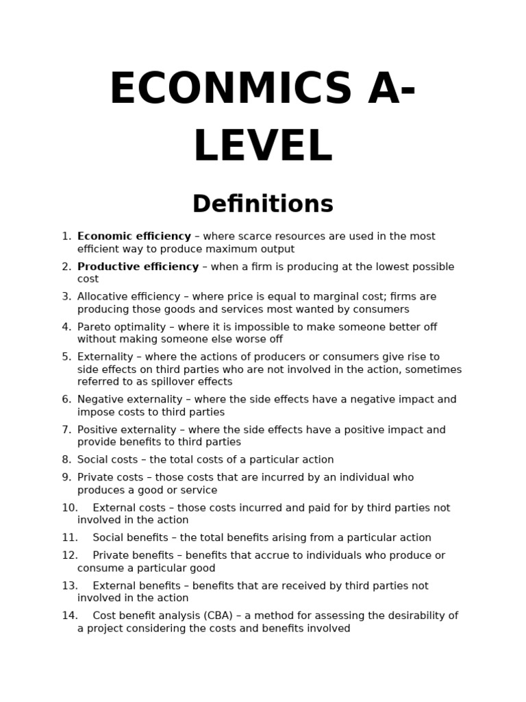 A-Level Economics Key Definitions | PDF | Unemployment | Labour Economics