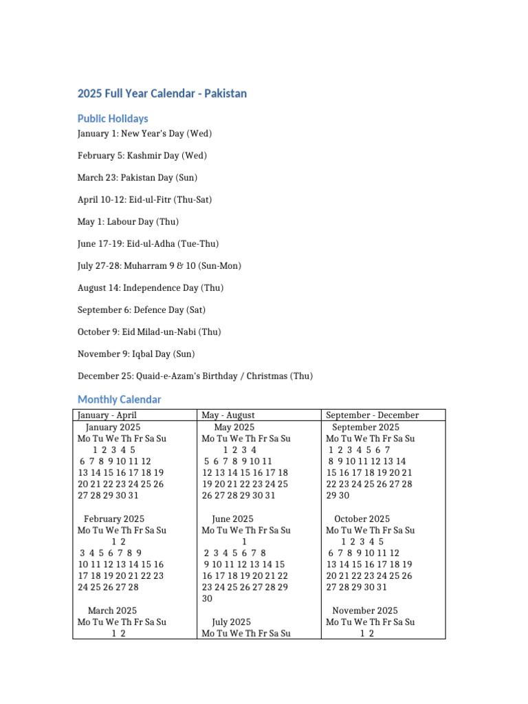 Pakistan 2025 Public Holidays Calendar | PDF | Public Holiday ...