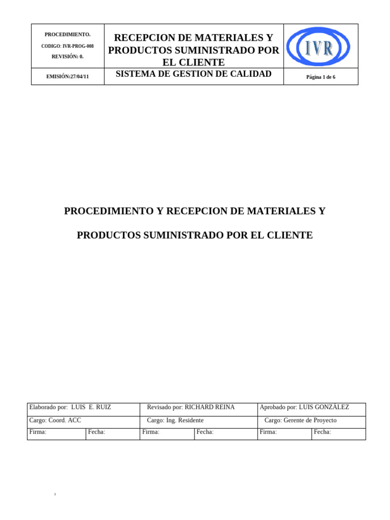 Ivr-Prog-008 Recp. Materiales Por El Cliente | PDF | Sistema de manejo de calidad
