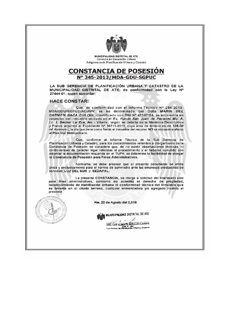 Constancia de Posesion | PDF