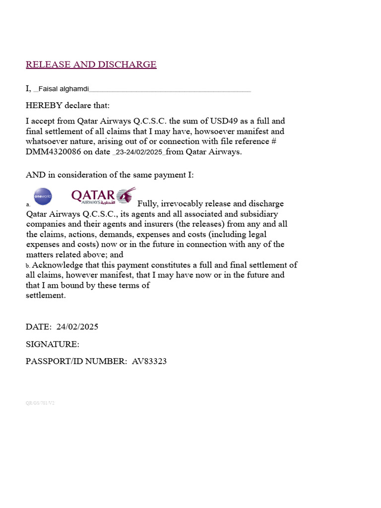 Qatar Airways Release and Discharge Form | PDF