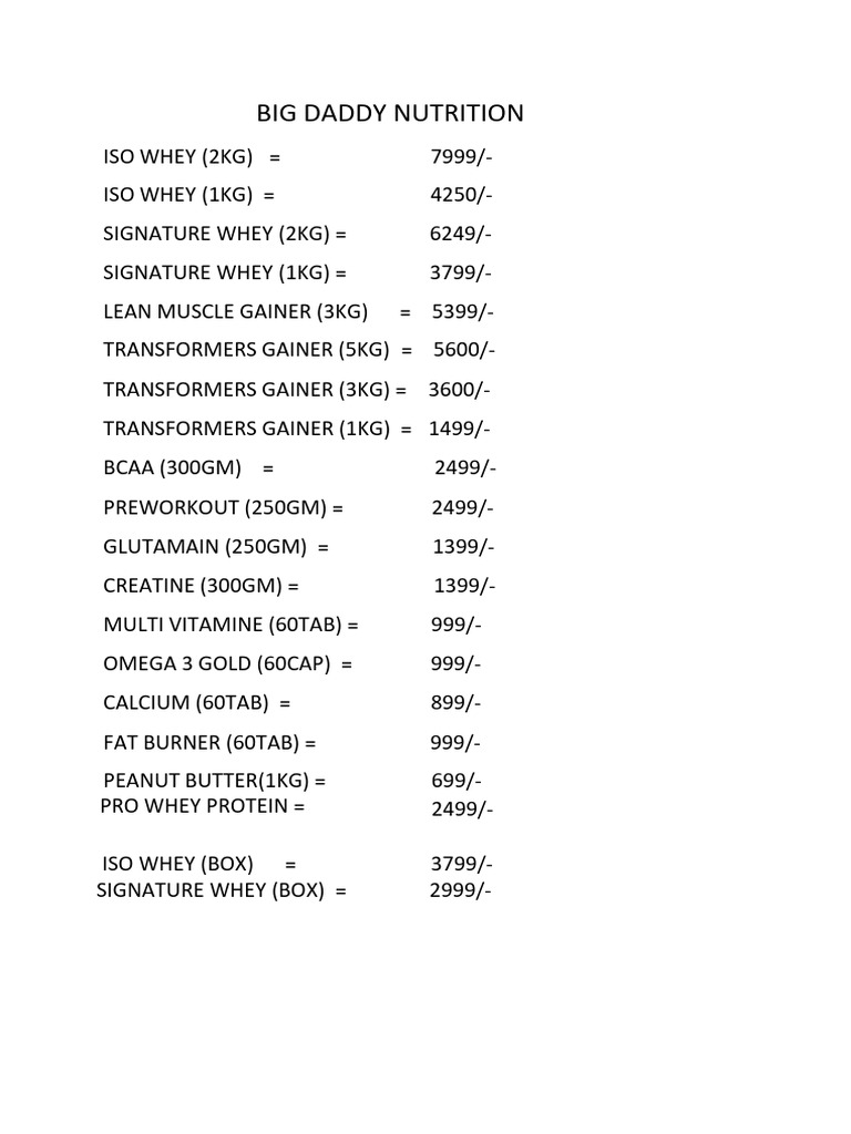 Big Daddy Nutrition Protein Prices | PDF