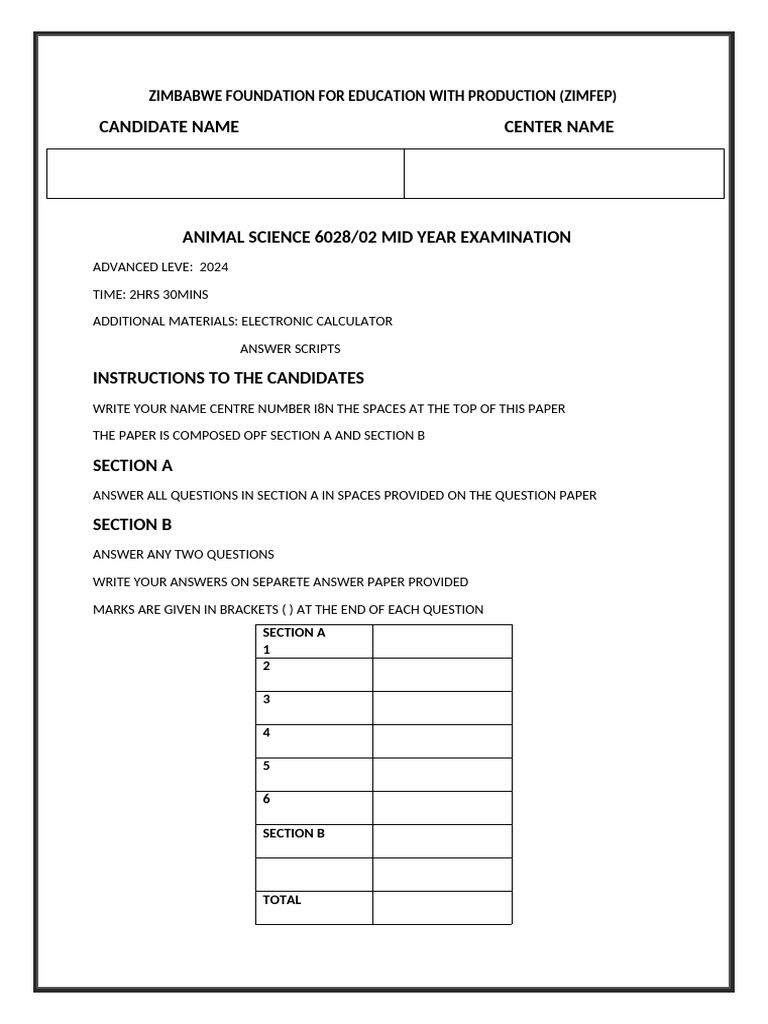 Animal Science Mid-Year Exam 2024 | PDF | Genetics | Biology