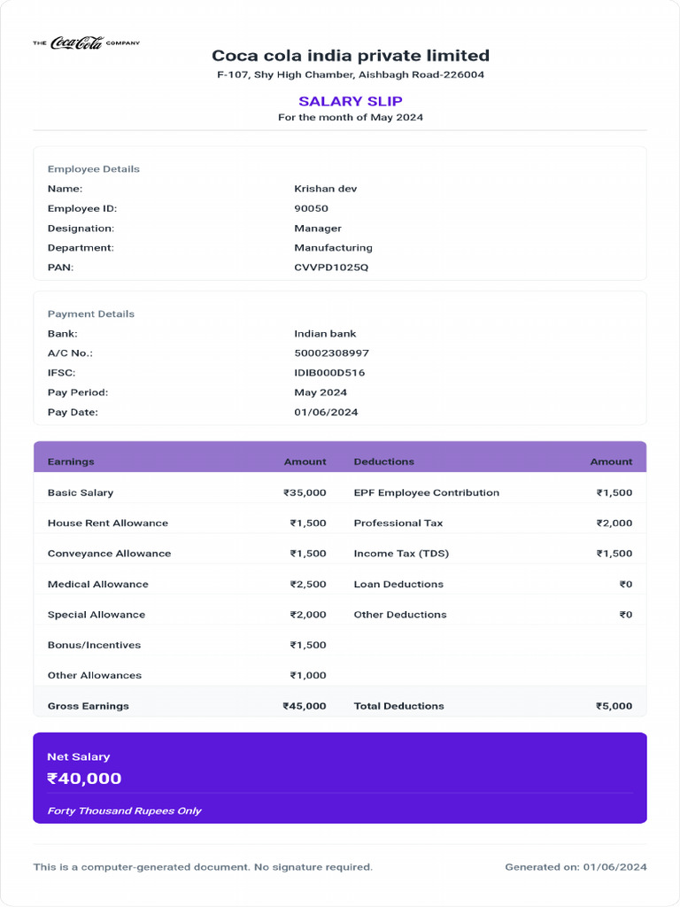 Salary Slip Krishan Dev August 2024-2025 | PDF