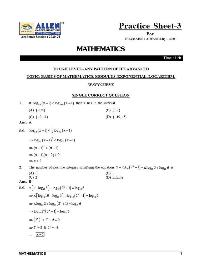 FC - Practice Sheet - 03 - Mathematics | PDF | Logarithm | Complex Analysis