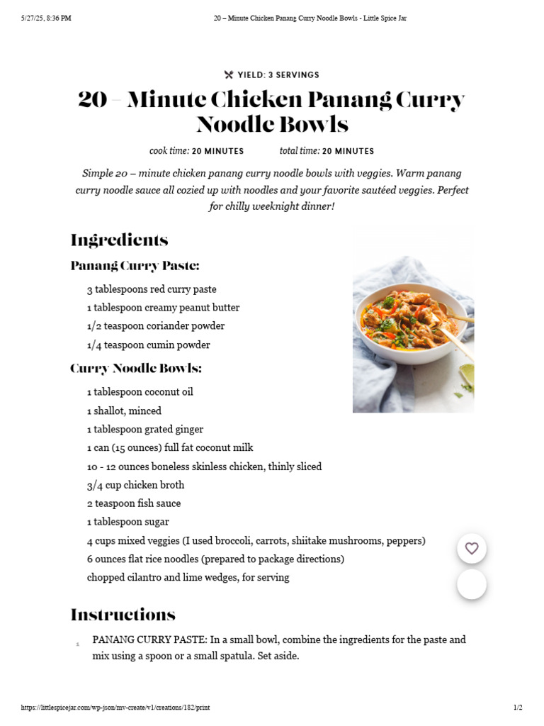 20-Minute Chicken Panang Noodle Bowls | PDF | Curry | Teaspoon