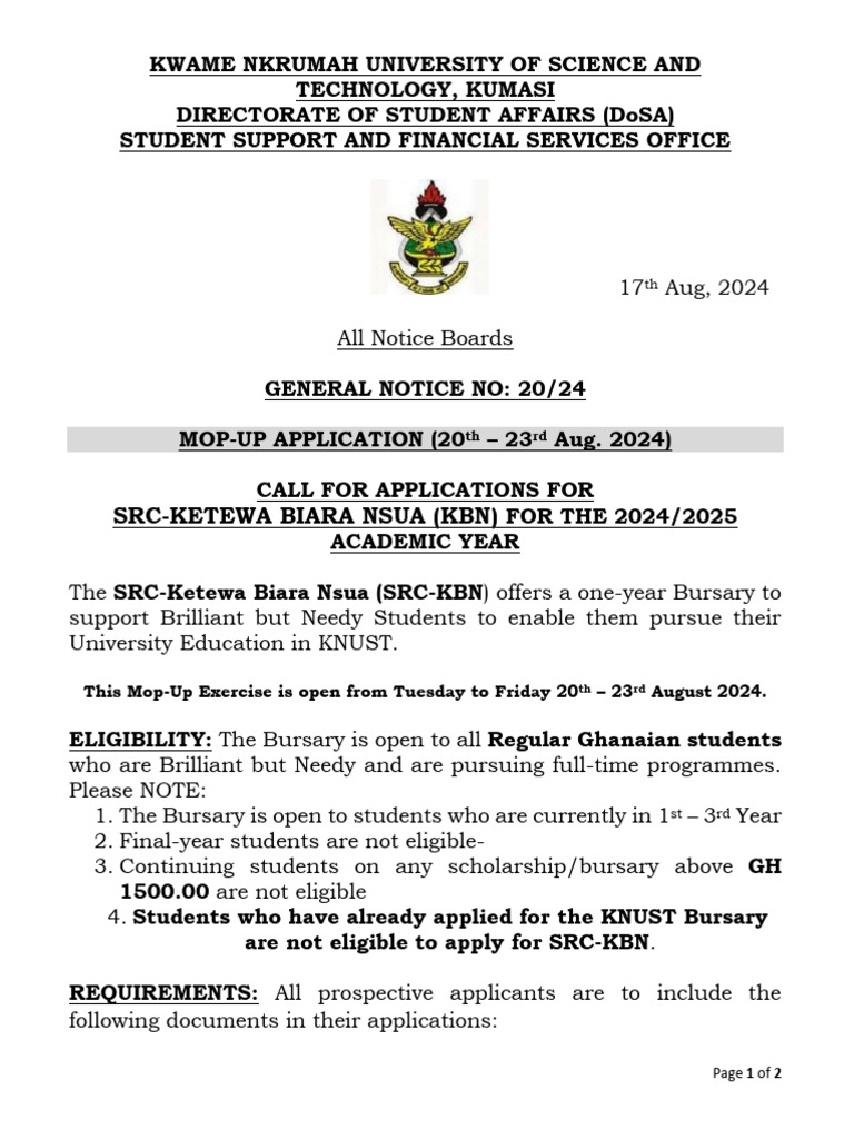 Advert KBN Bursary 2024-25 Mop-Up Exercise | PDF