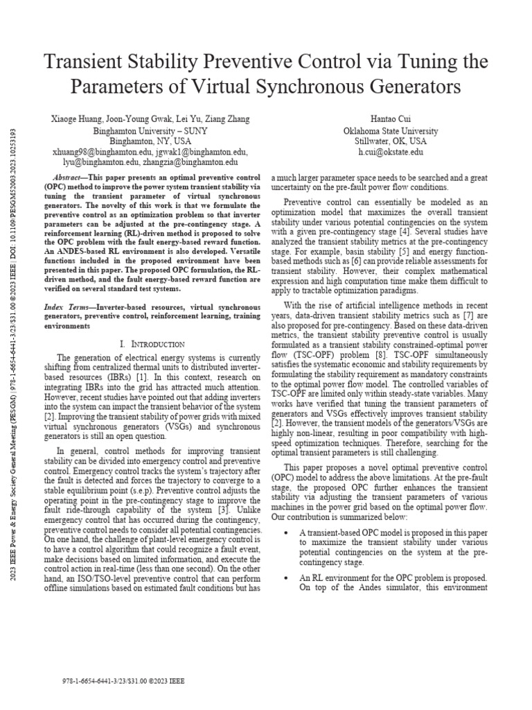 Transient Stability Preventive Control Via Tuning The Parameters of Virtual Synchronous ...