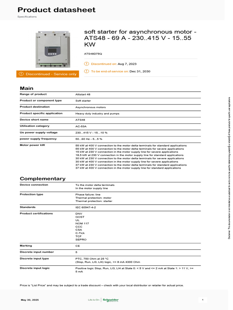 Schneider Electric Altistart-48 ATS48D75Q | PDF | Relay | Power Supply