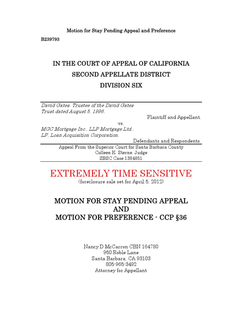 Motion for Emergency Stay of Foreclosure Sale and Request for ...