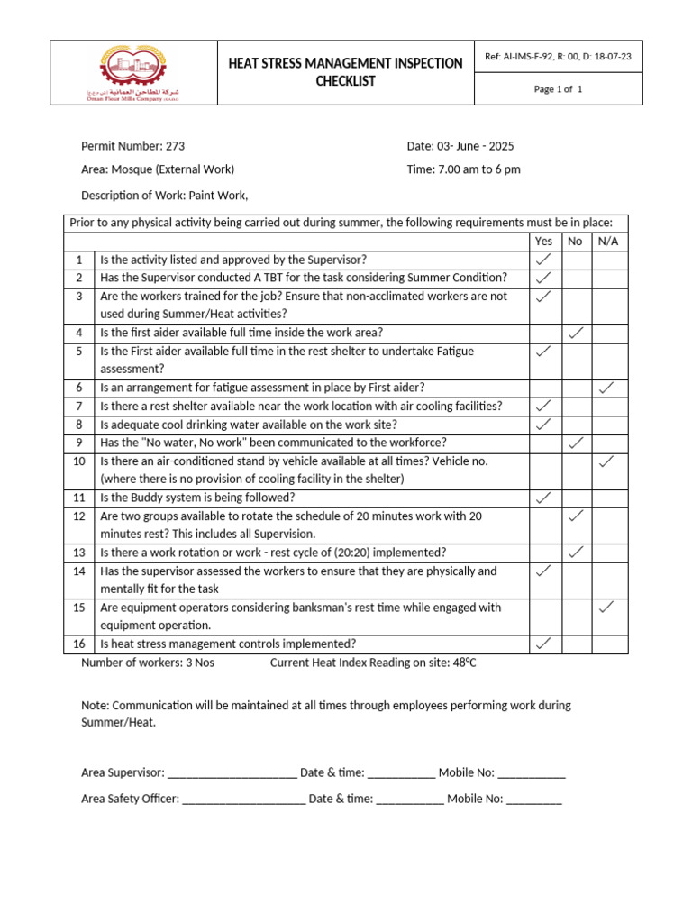 AI-IMS-F-92 Heat Stress Management Inspection Checklist, R 00, D 18-07 ...