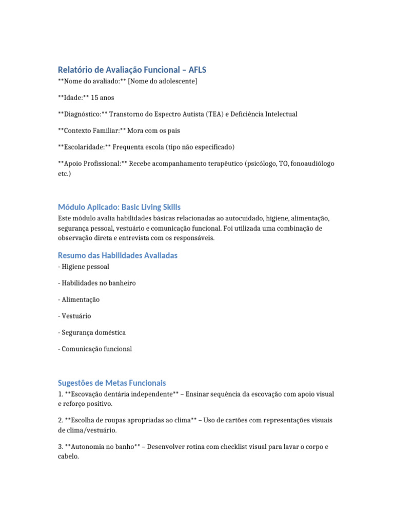 Relatorio AFLS Basic Living Skills | PDF