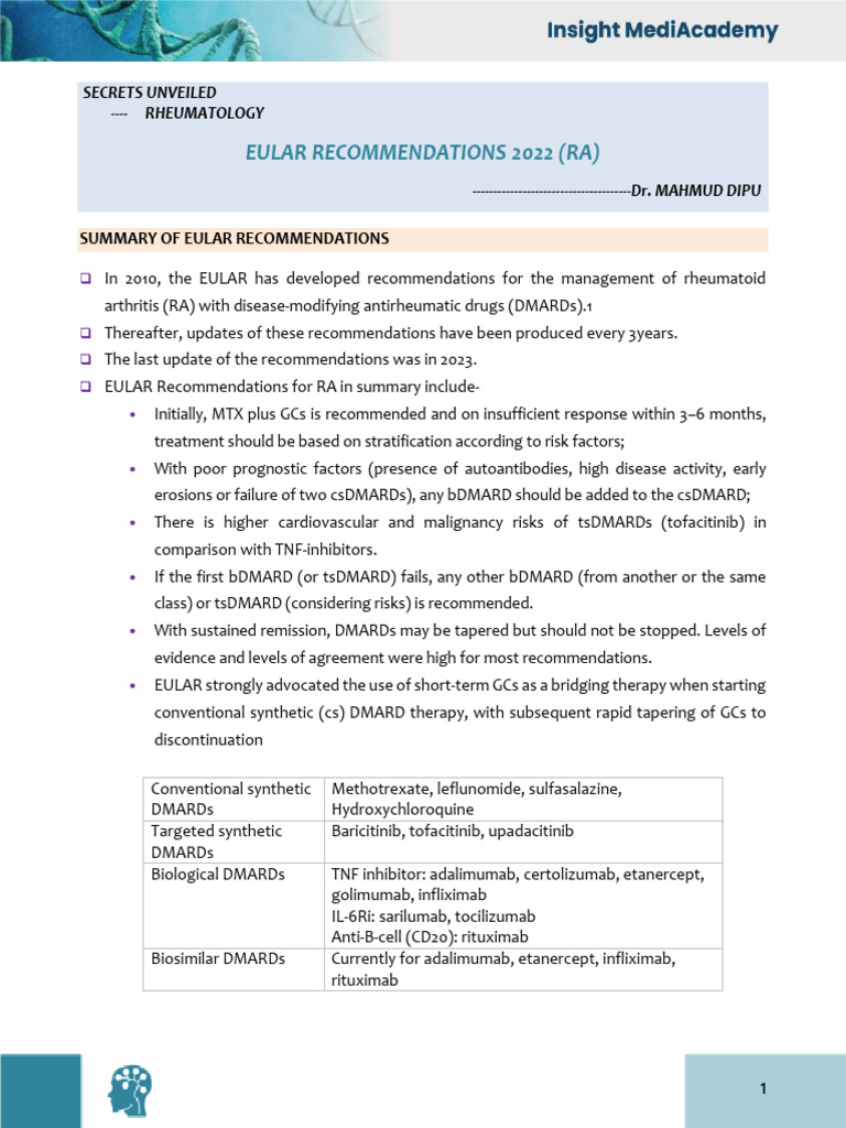 2022 EULAR RA Management Update | PDF | Medicine | Medical Specialties