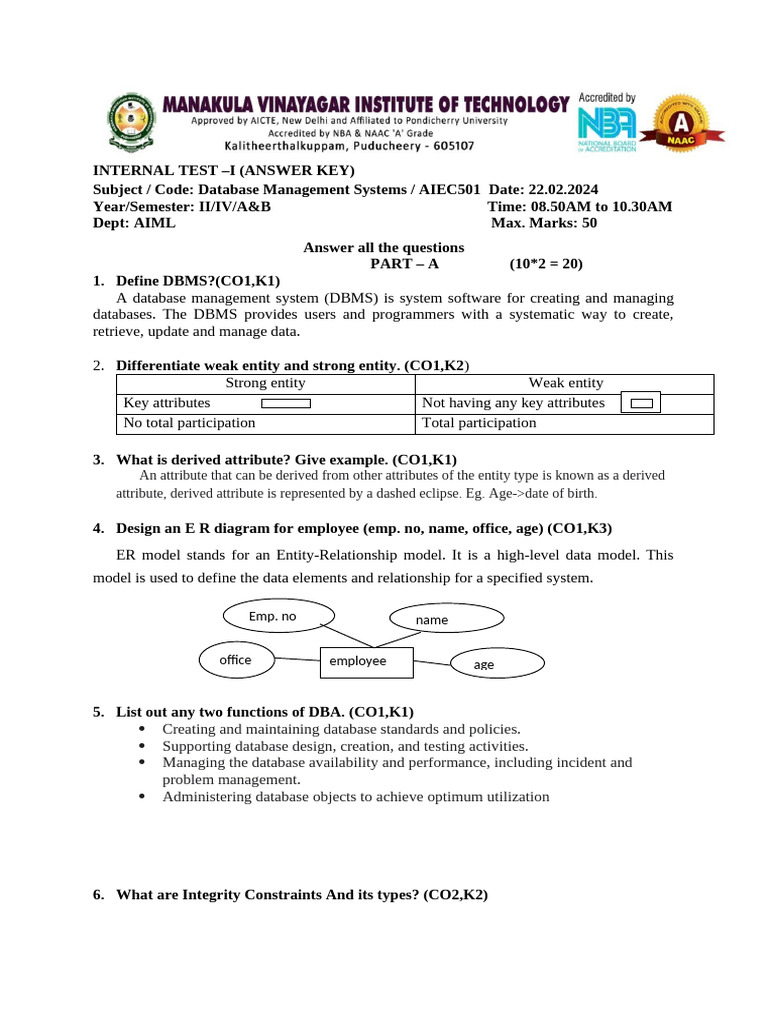 Aiec501 Dbms Answer Key-1 | PDF | Databases | Computer Data Storage